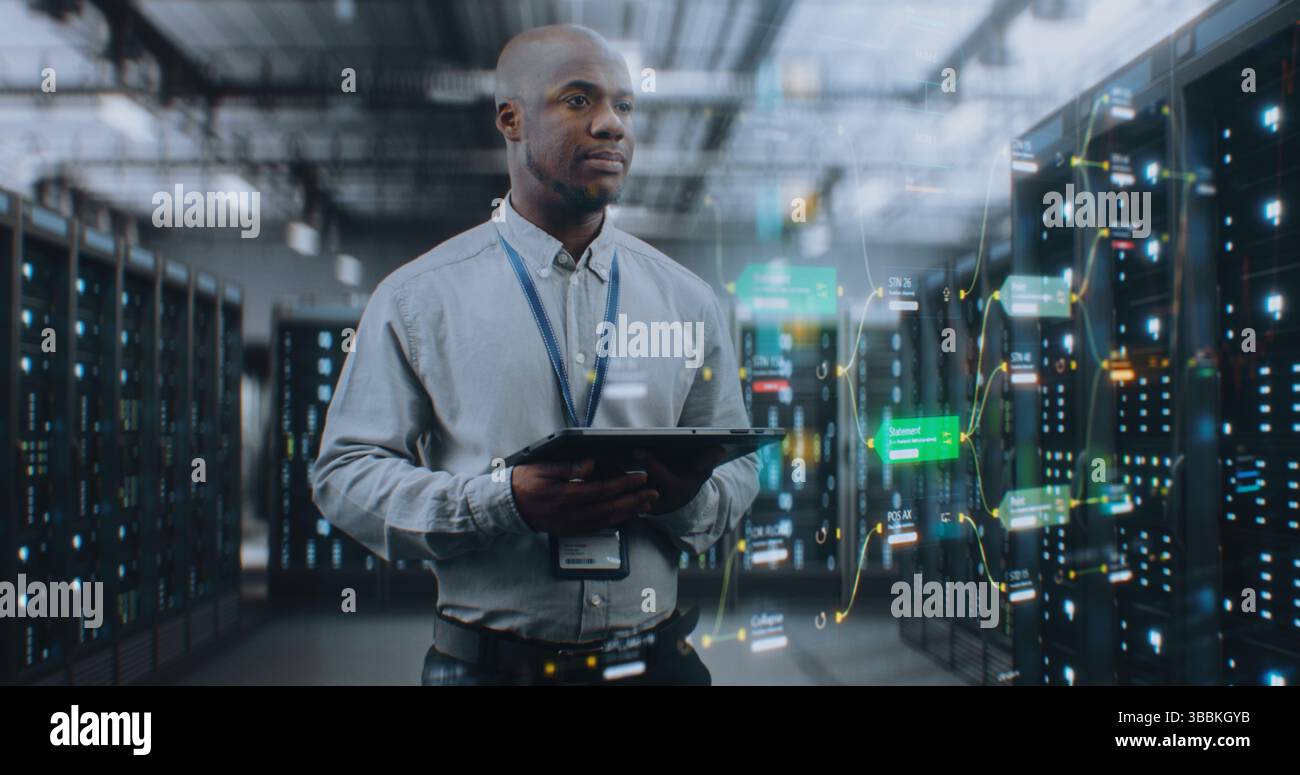 Futuristic Big Data Center with VFX: African American Administrator Using Digital Tablet ...