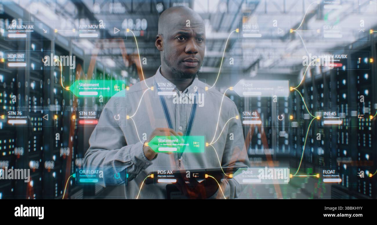 Futuristic Big Data Center with VFX: African American Administrator ...