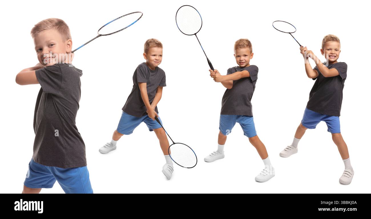 Cute boy playing badminton with racket on white background, collage ...