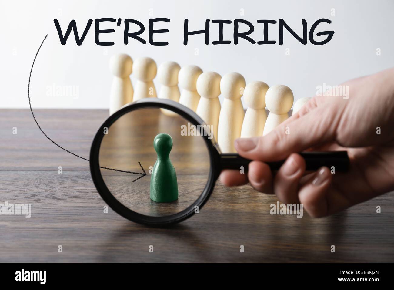 We Are Hiring. Woman holding magnifying glass against green figure ...
