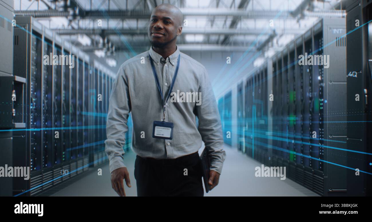 African American Administrator with Digital Tablet Walking in ...
