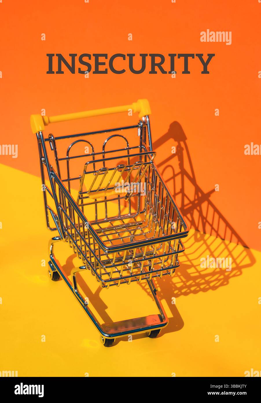 INSECURITY text against Empty shopping trolley cart on isometric orange ...