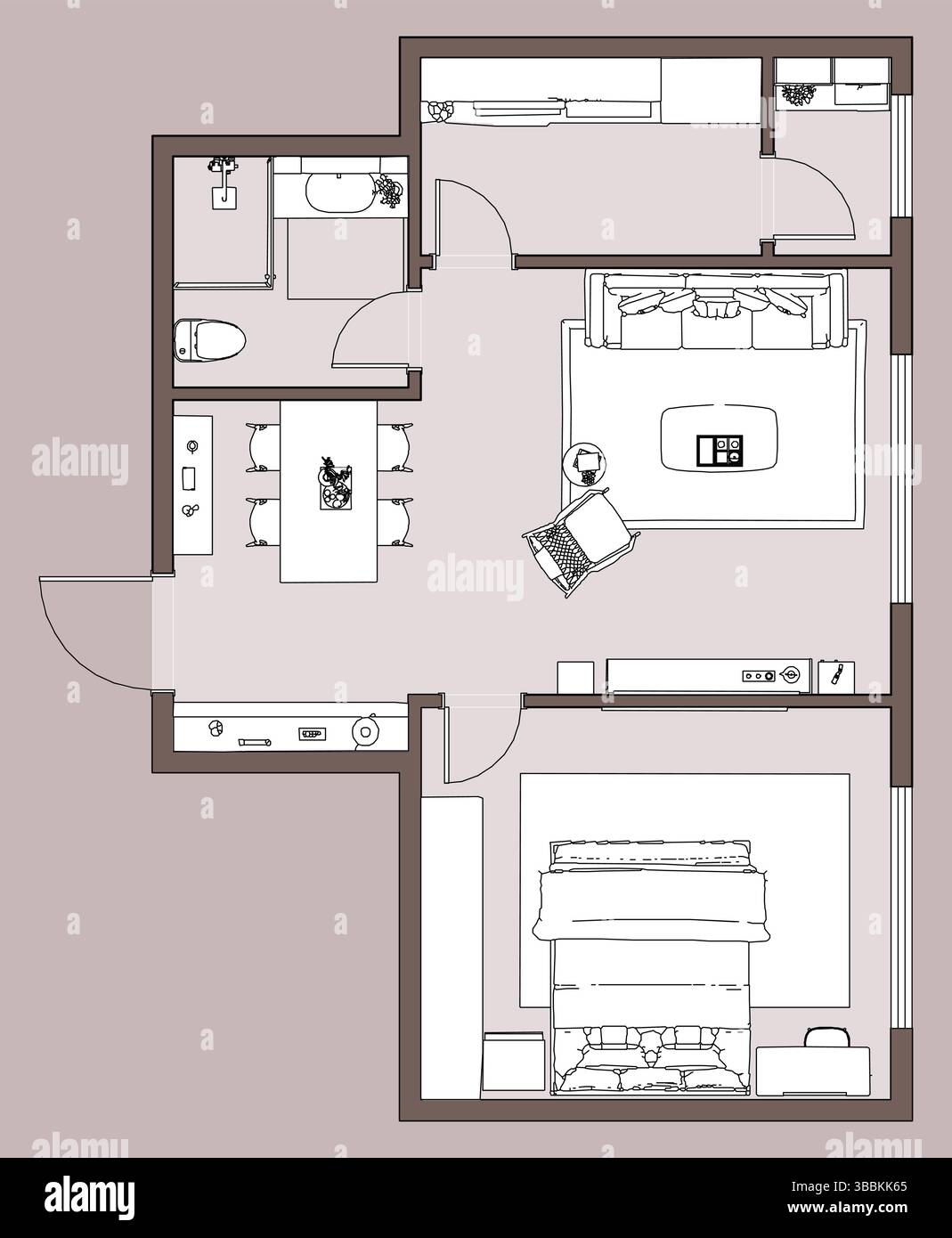 Floor plan of a modern apartment with one bedroom, bathroom and living ...