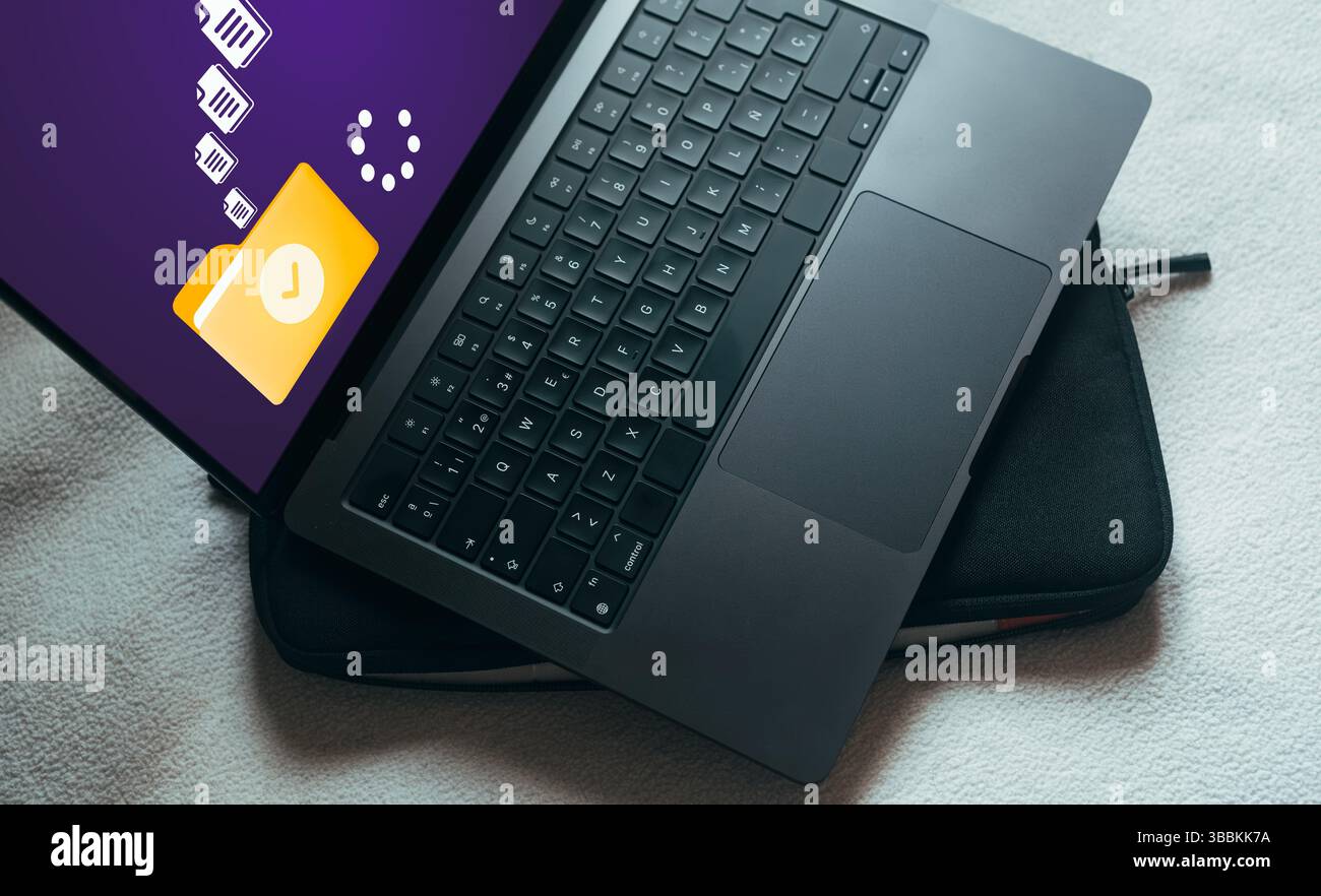 Online documentation database. Laptop with document management system DMS concept on screen ...