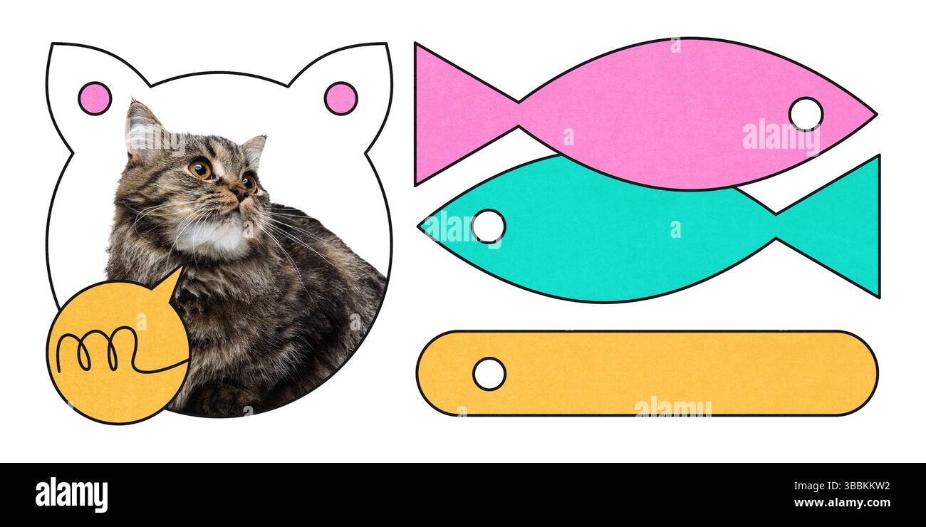 Tabby cat inside cat-shaped frame with floating fish symbols in pastel ...