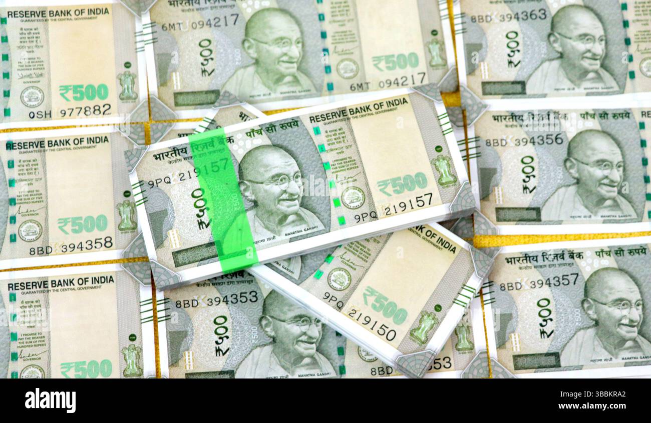 A closup of fanned out spread out Indian Rupees currency paper notes ...