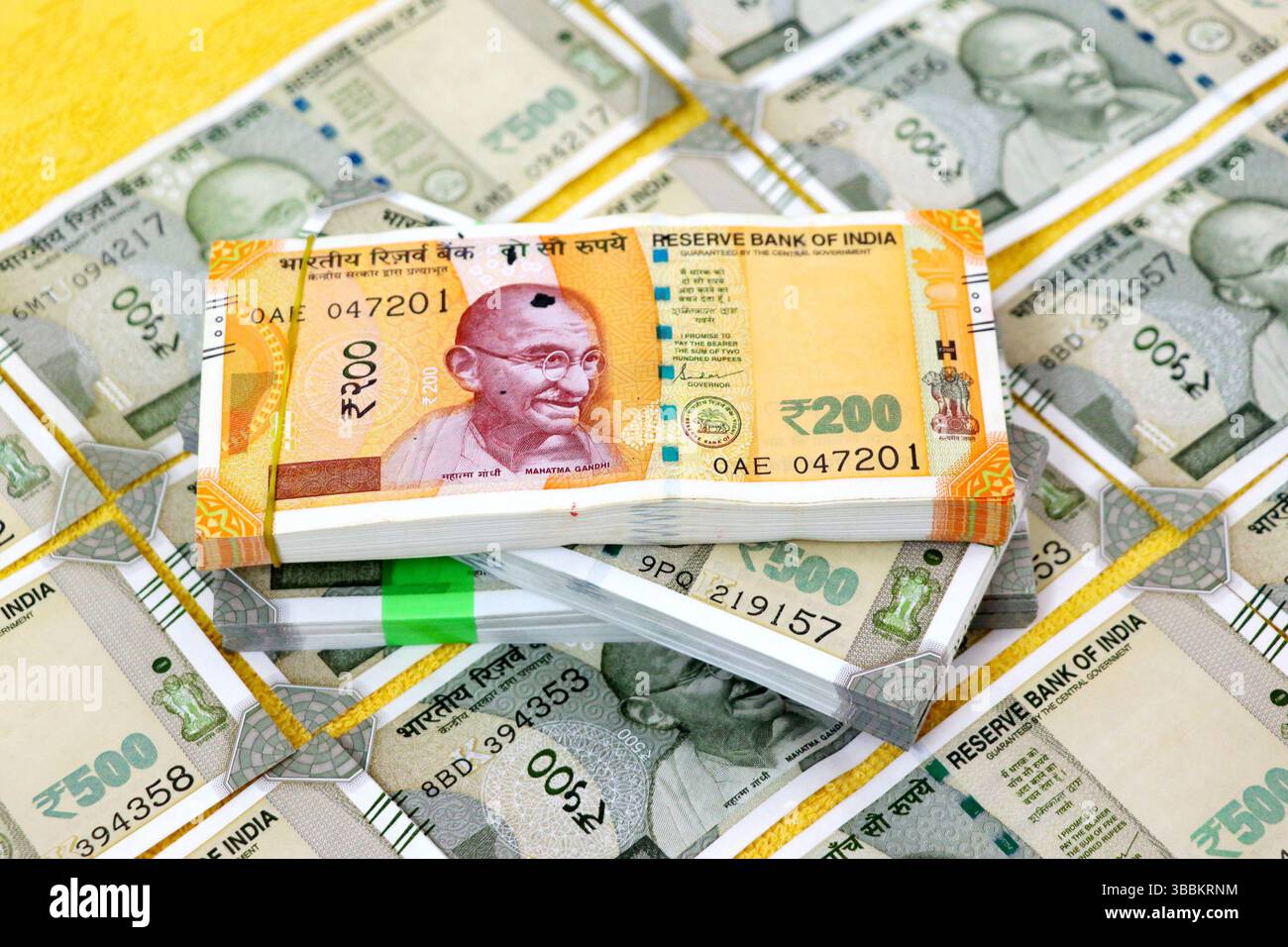Properly arranged of new indian currency notes rupees 50,100,200 and ...