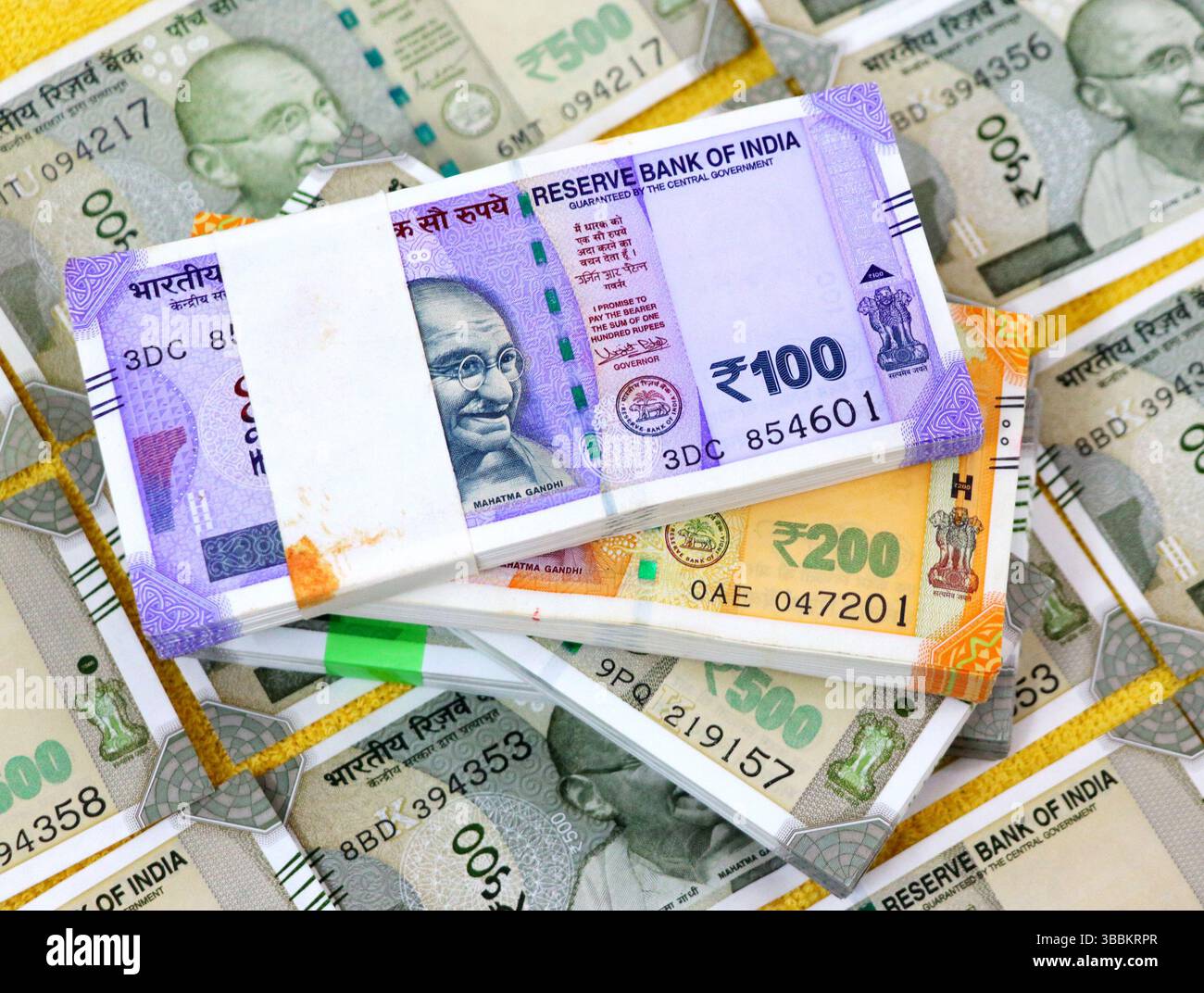 Properly arranged of new indian currency notes rupees 50,100,200 and ...