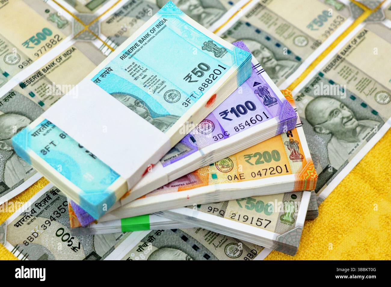 Properly arranged of new indian currency notes rupees 50,100,200 and ...