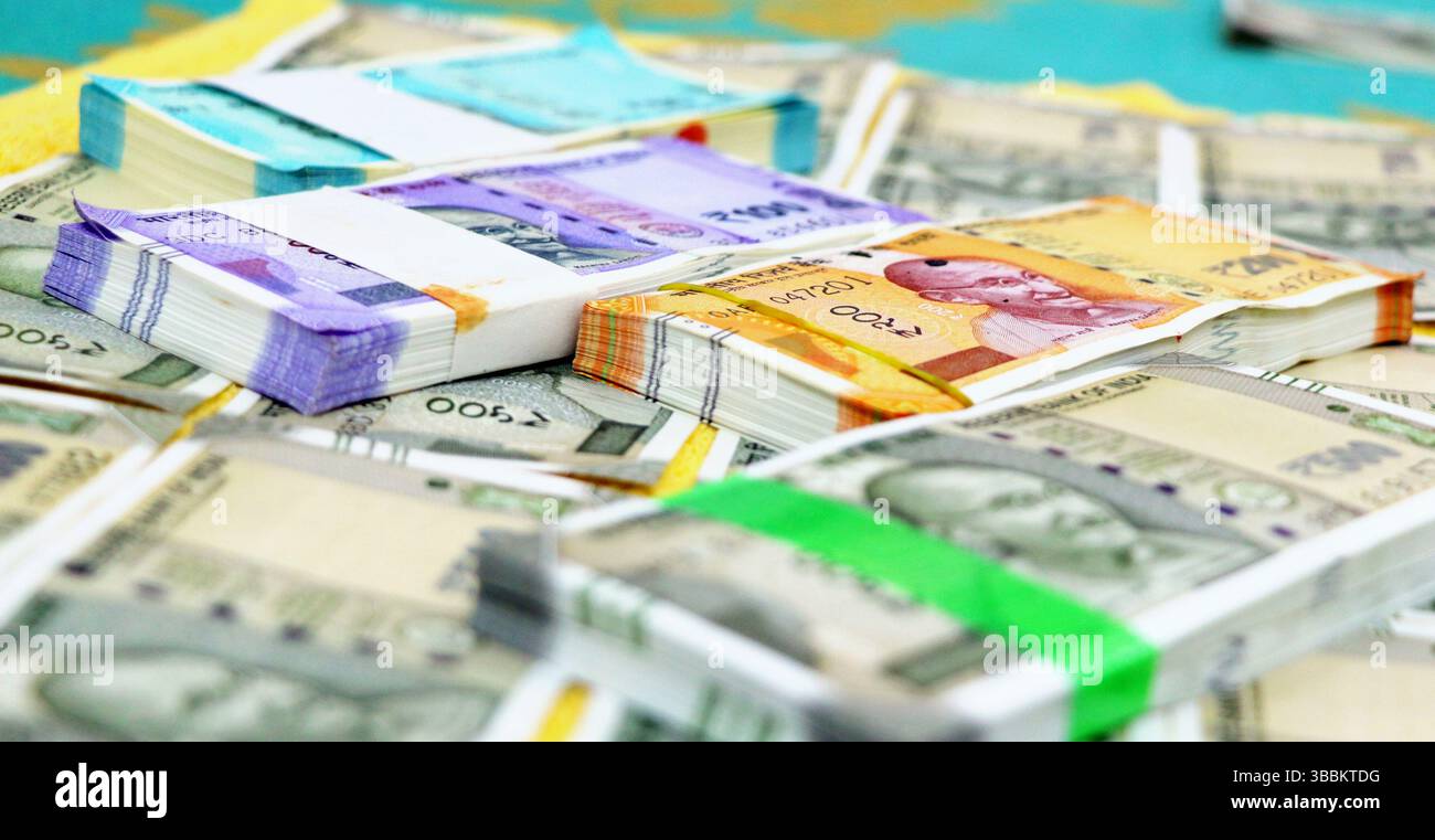 Properly arranged of new indian currency notes rupees 50,100,200 and ...