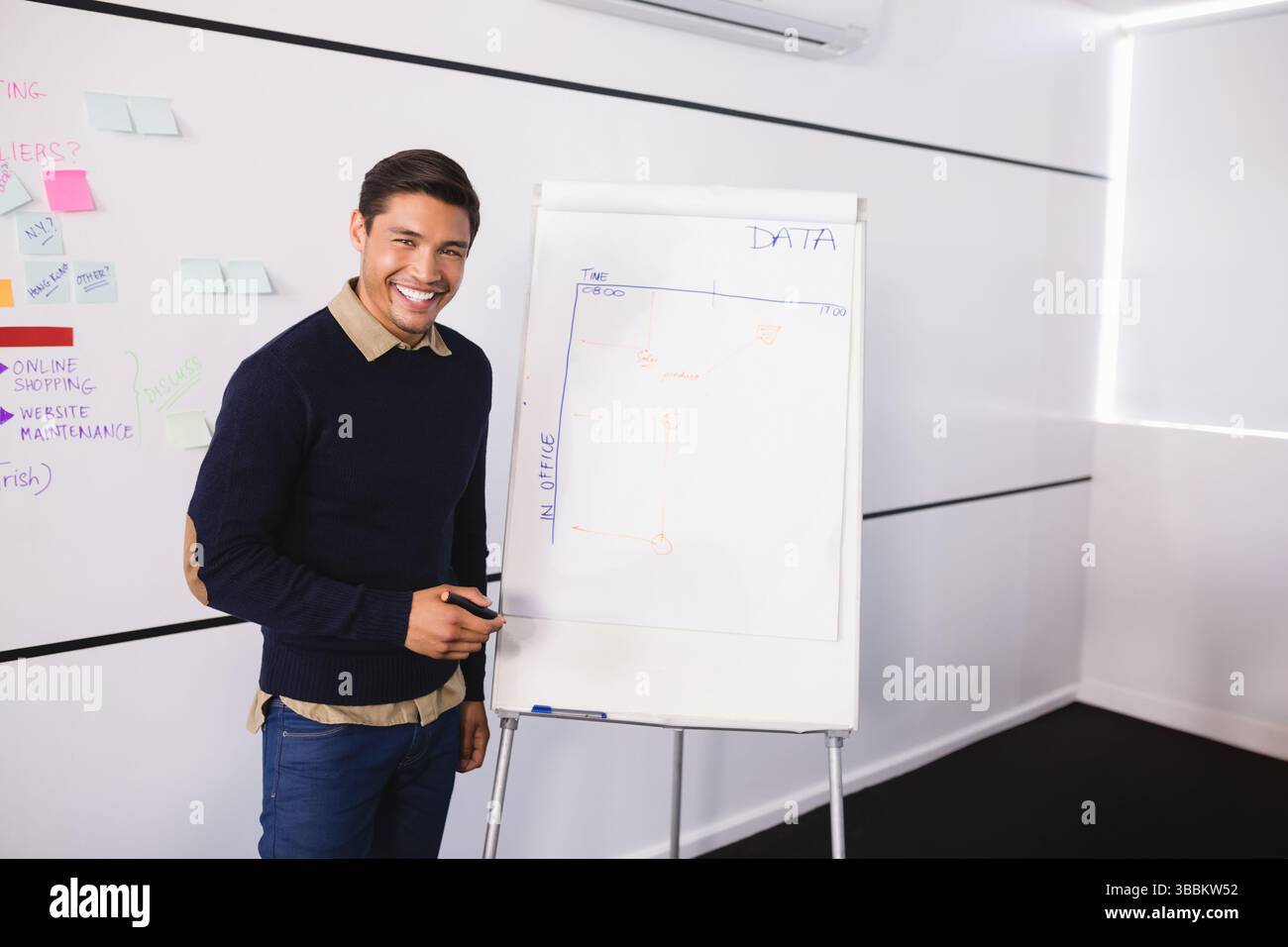 Pointing man presenting data on flip chart in modern meeting room, with ...
