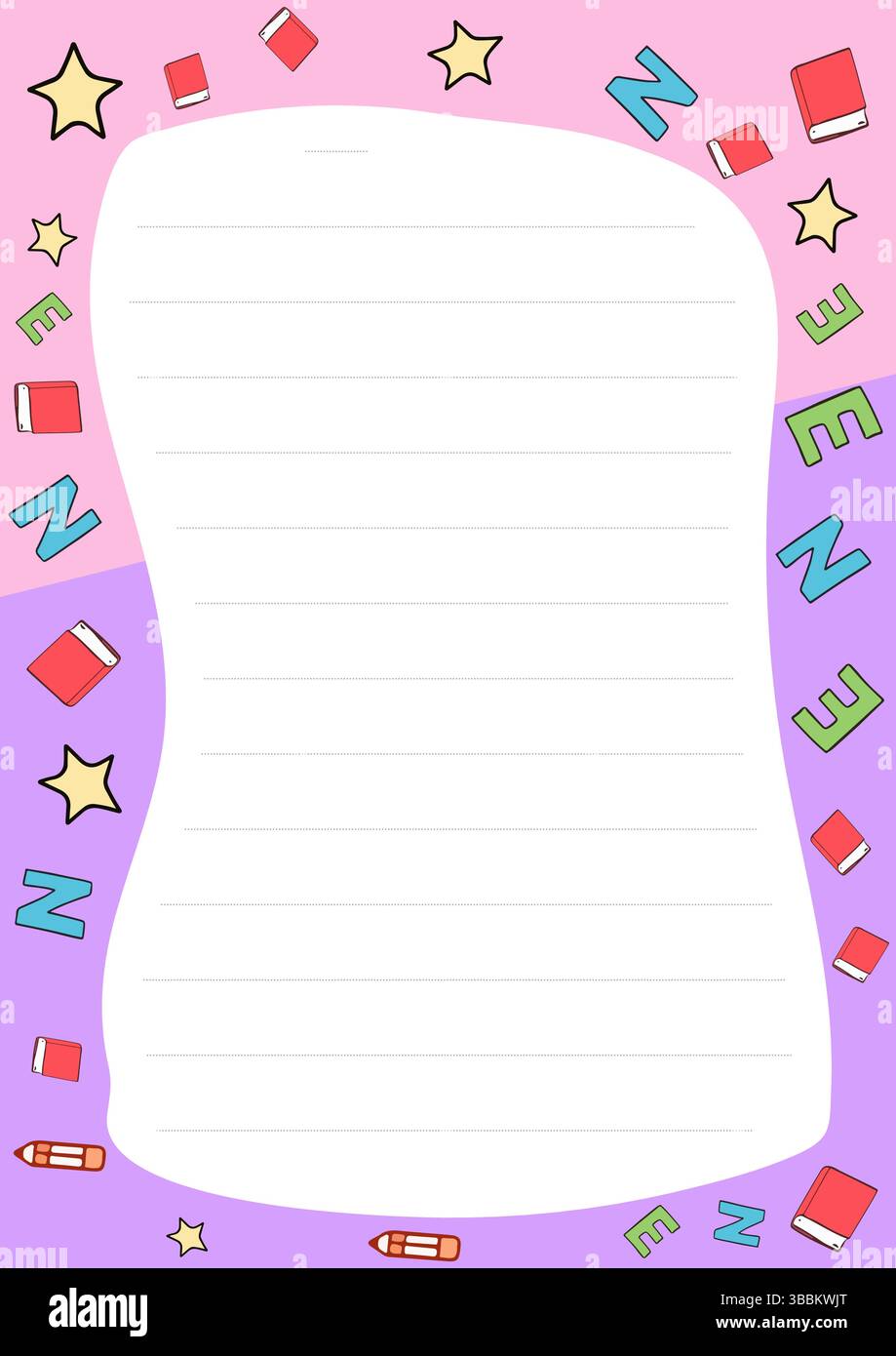 Cute Back to School Lined Paper Template with Stars Books and Letters ...