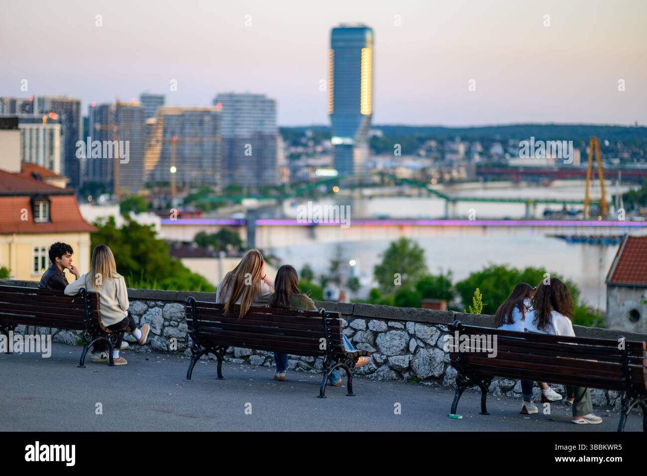 People enjoying sunset view from the Belgrade fortress of the Sava ...