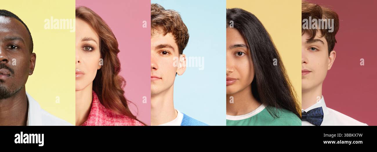 Collage of diverse half faces of people with calm emotions against ...