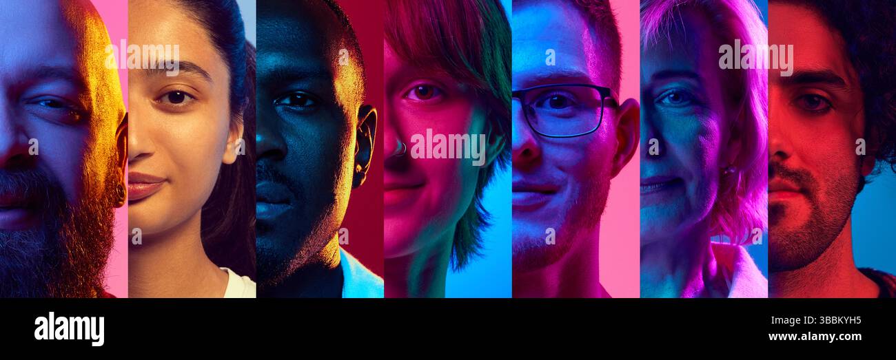 Collage of diverse half faces of people under neon light against ...