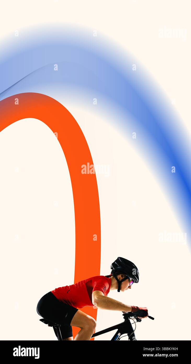 Poster. Contemporary art collage. Focused cyclist in red curves into ...