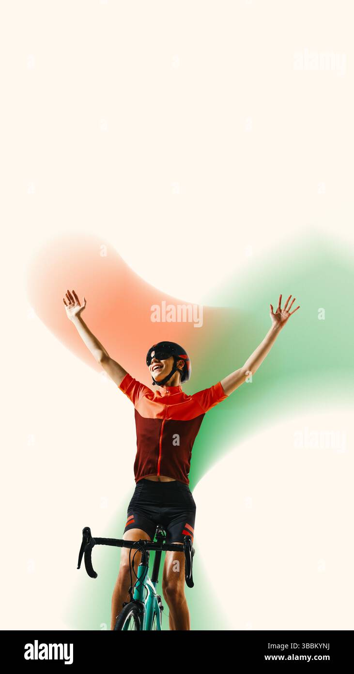 Poster. Contemporary art collage. Cyclist raises arms in victory ...