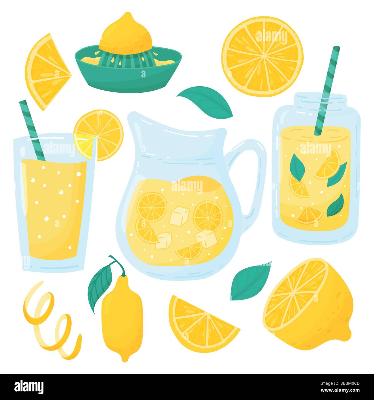 Cartoon Lemonade Set with Fresh Sliced Lemons, Juicer, Mint Leaves ...