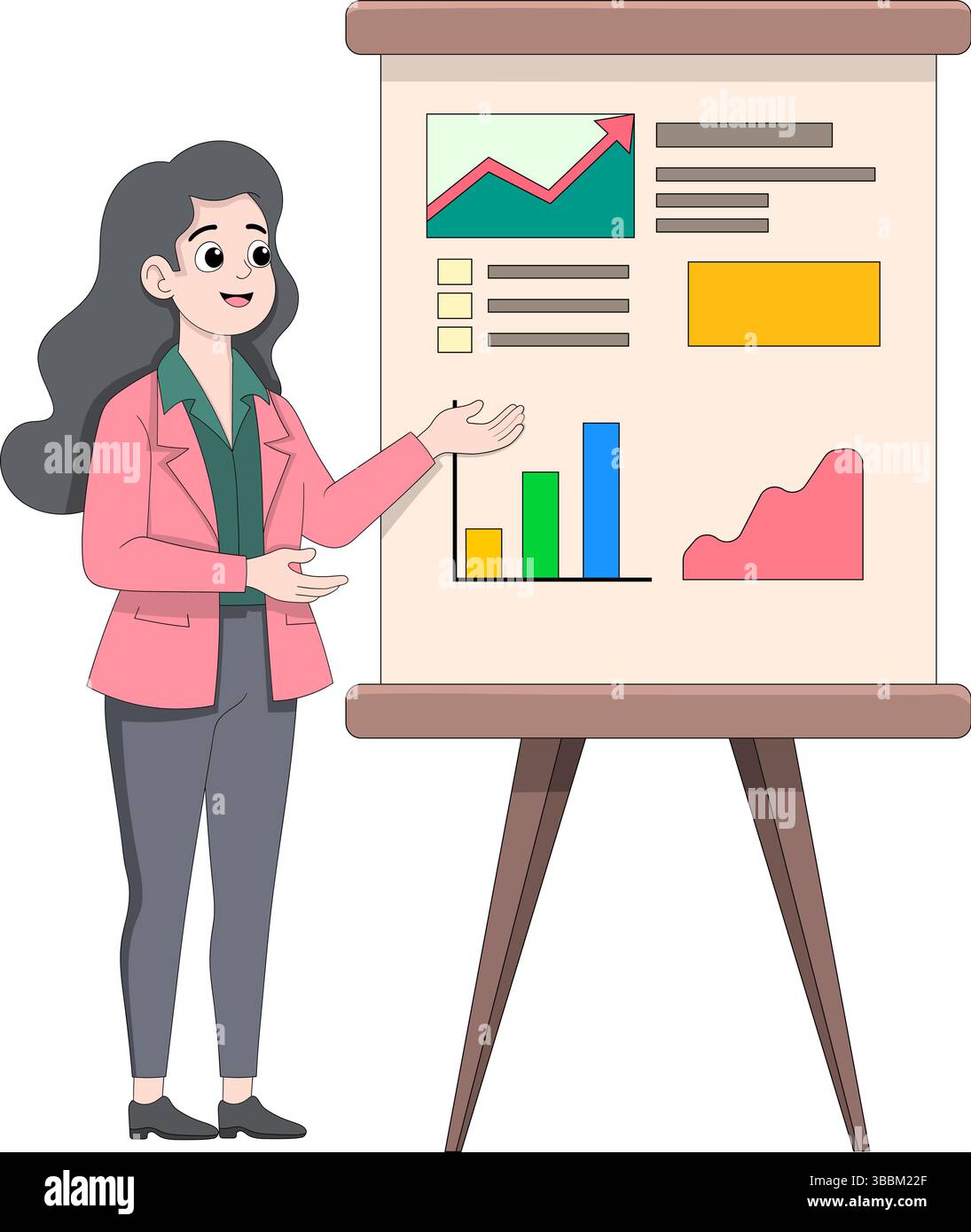 Cartoon illustration of a professional businesswoman presenting graphs ...