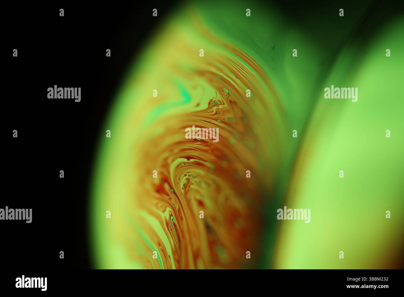 Green liquid surface, green Reflections of liquid in macro,, bubbles in ...
