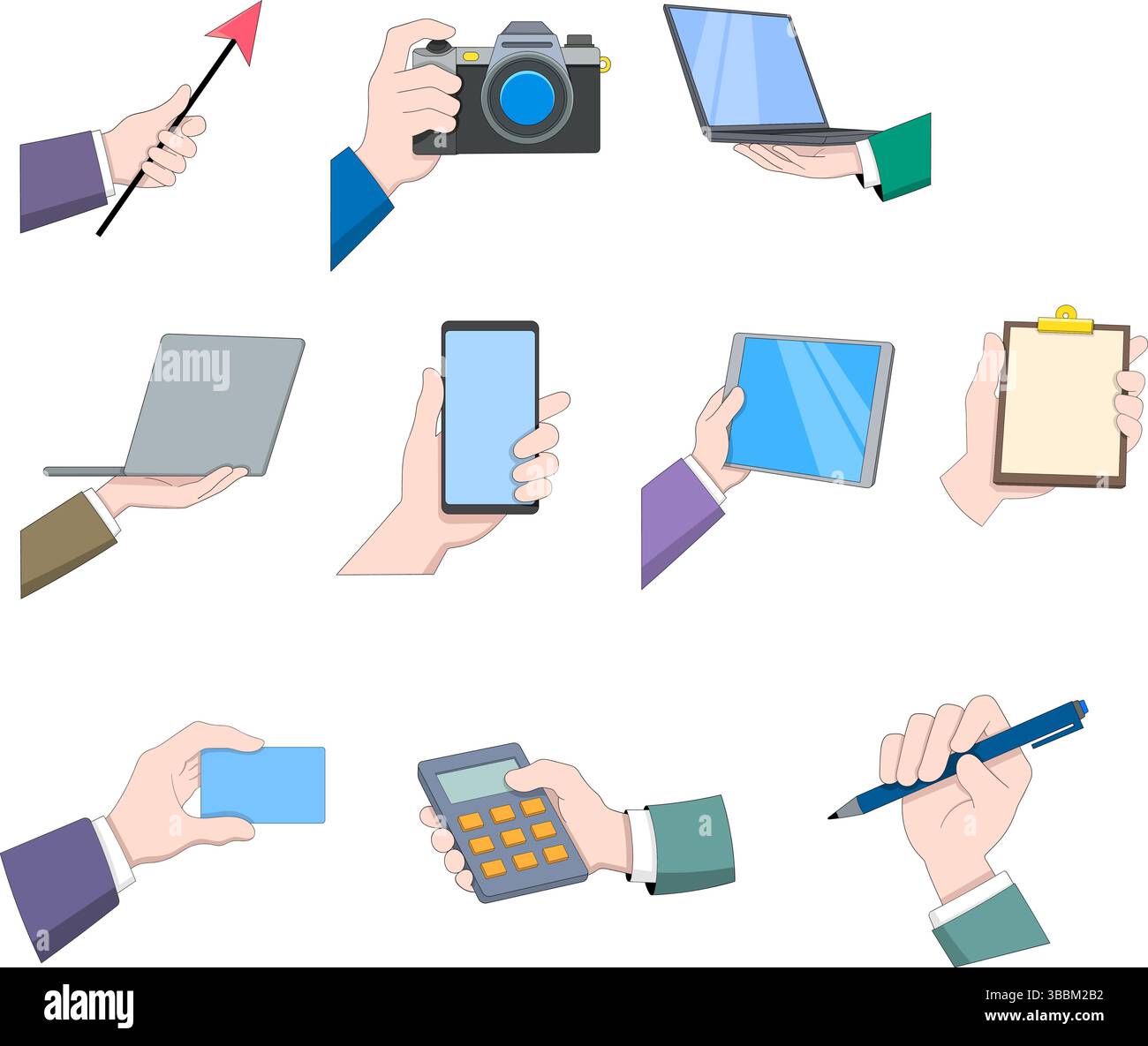 Vector illustration set of cartoon hands holding various items ...