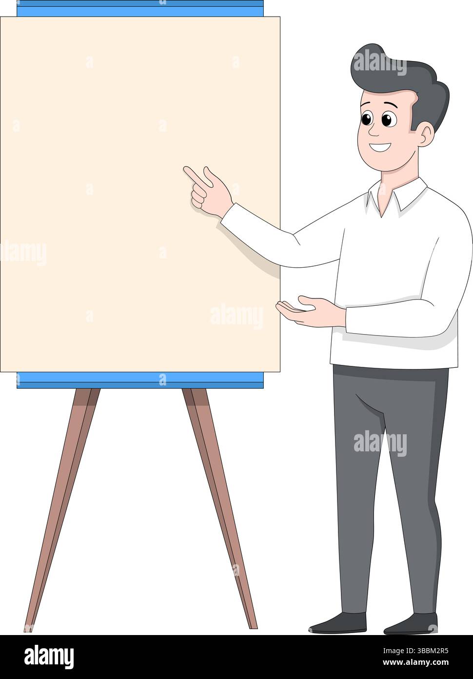 Cartoon illustration of a smiling businessman in formal attire pointing ...