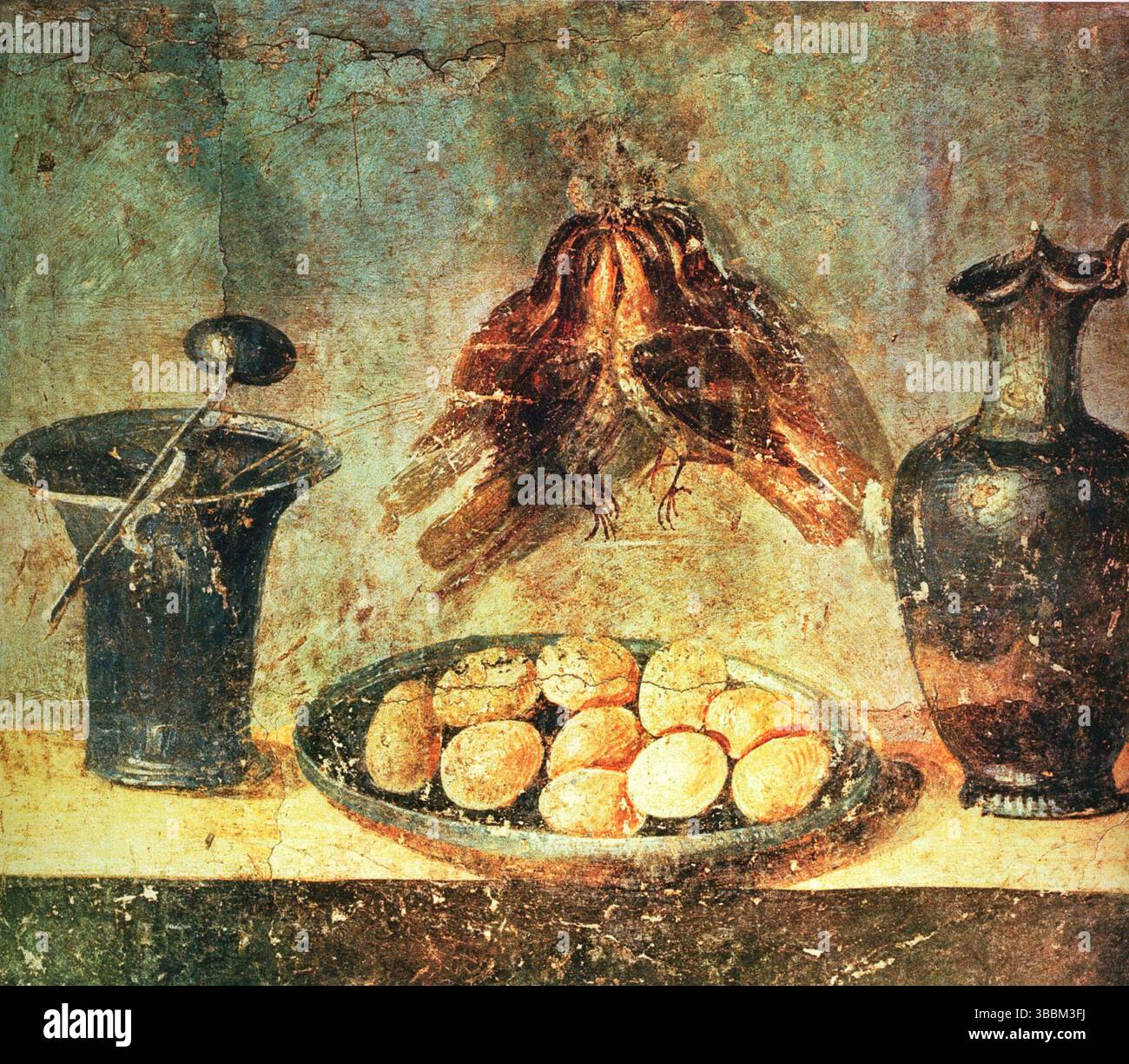 Still life with eggs, birds and bronze dishes. Roman fresco from the ...