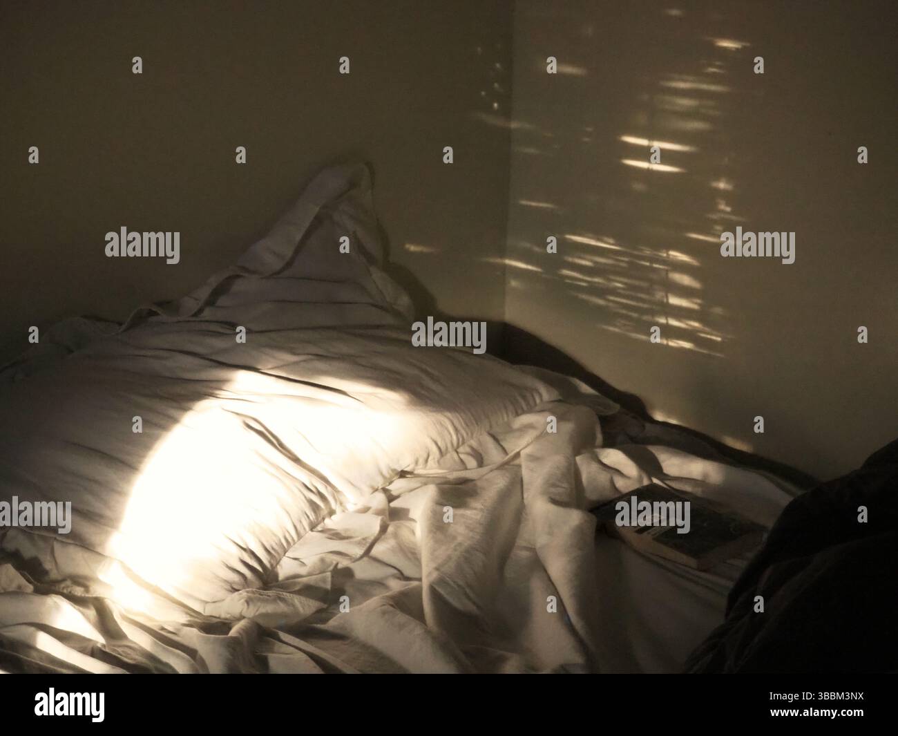 Morning sunlight casting shadows on an unmade bed with a pillow and ...