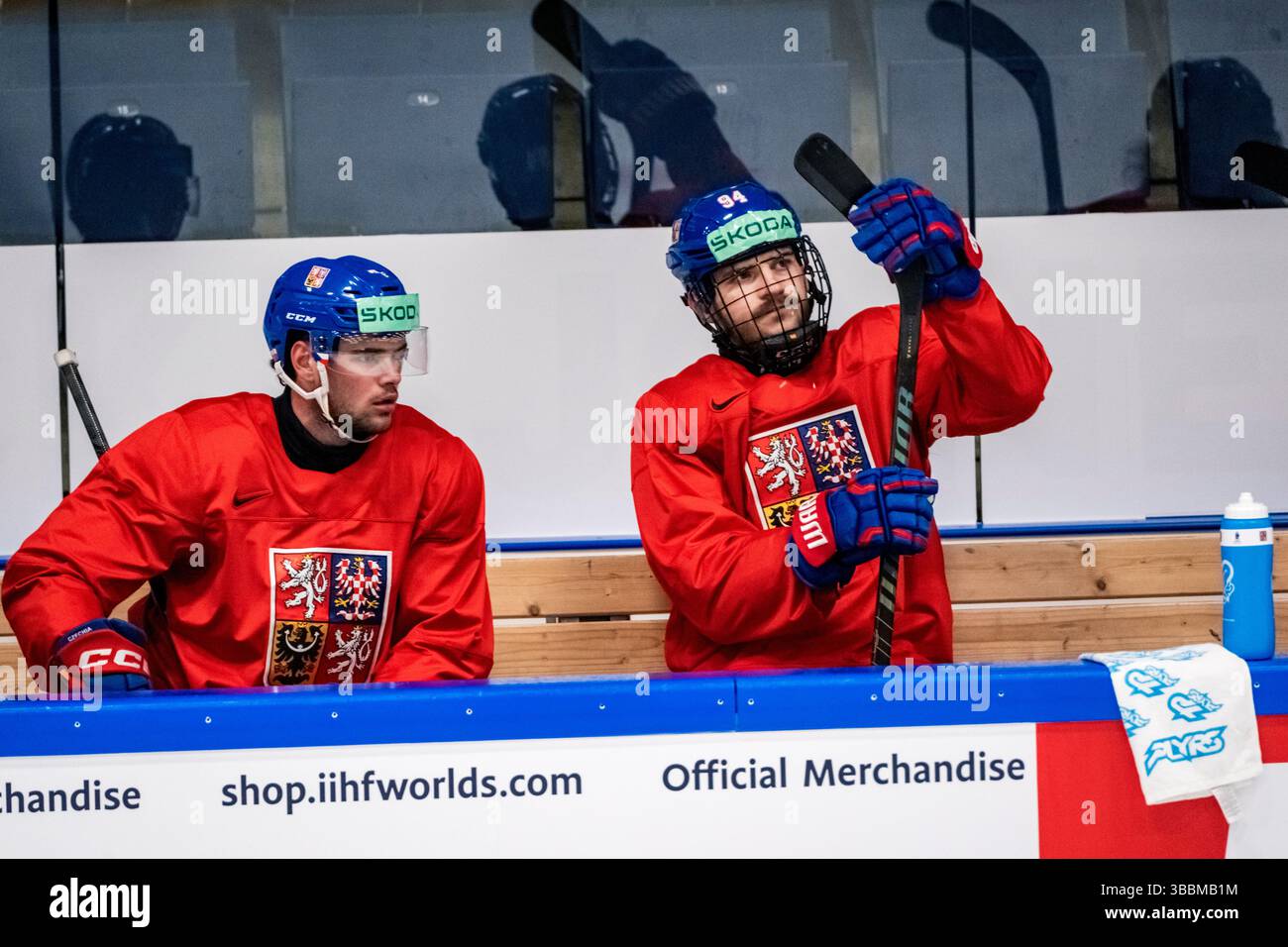 Herning, Denmark. 16th May, 2025. Defenseman David Spacek, left, and ...