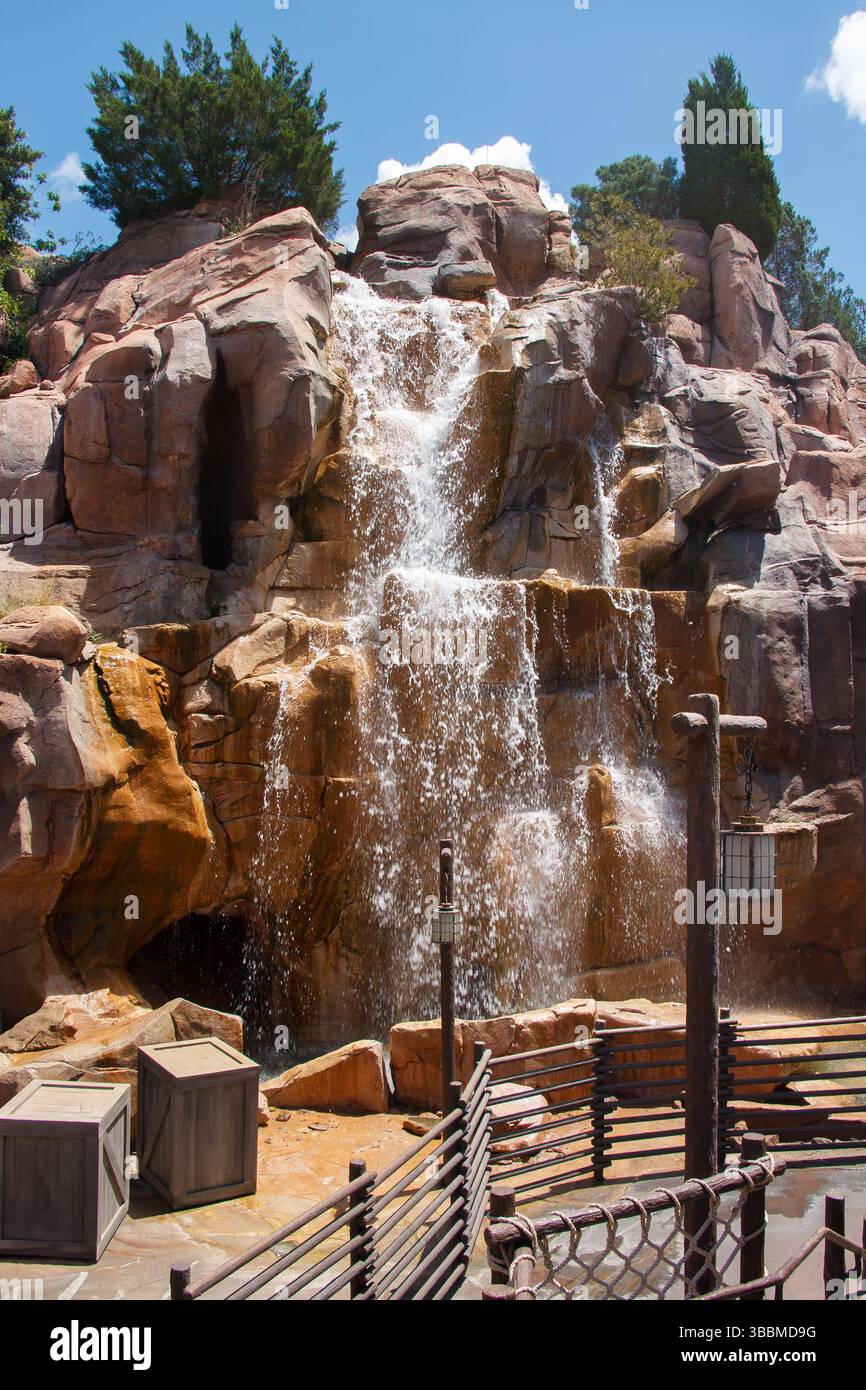 The Mountain and waterfall at Canada pavillon at Epcot amusement park ...