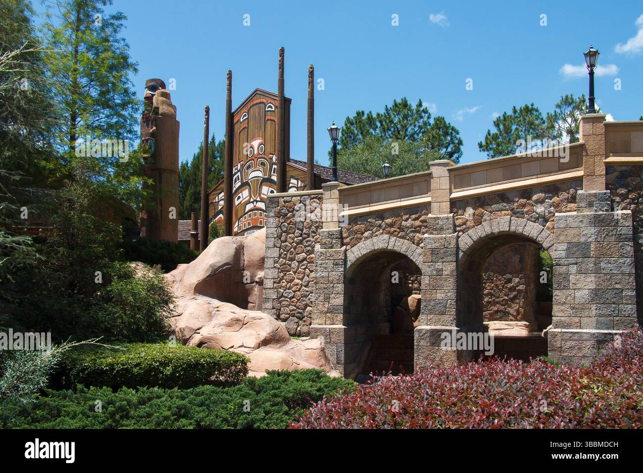 The Canada pavillon bridge and totem pole at Epcot amusement park ...