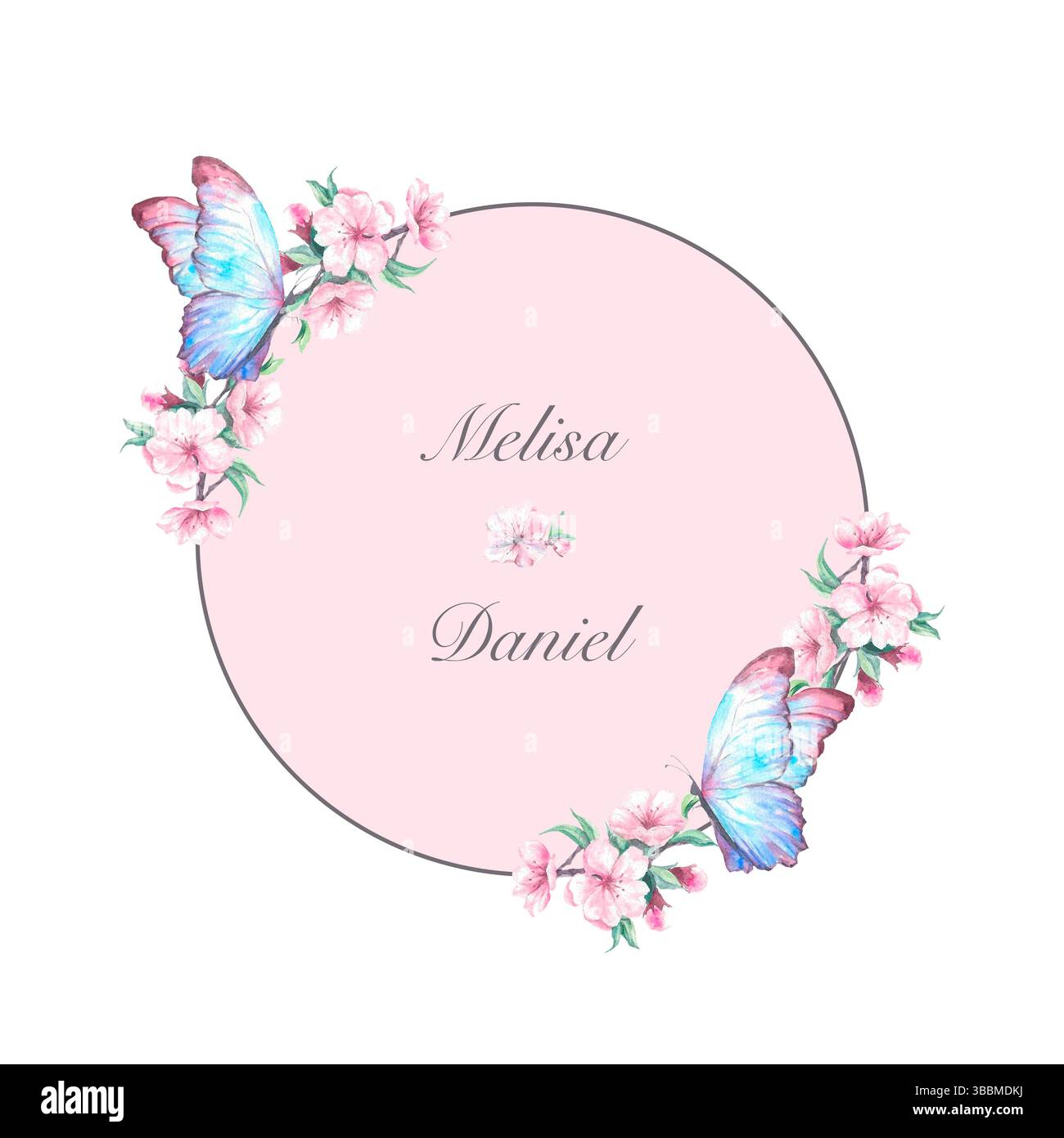 Pink flowers in a floral round frame Stock Photo - Alamy