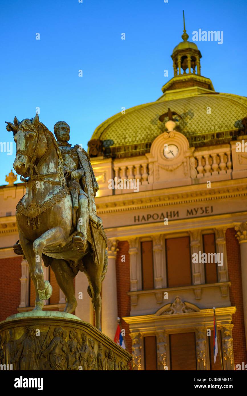Statue of Prince Mihailo Obrenovic and National Museum of Serbia in the ...