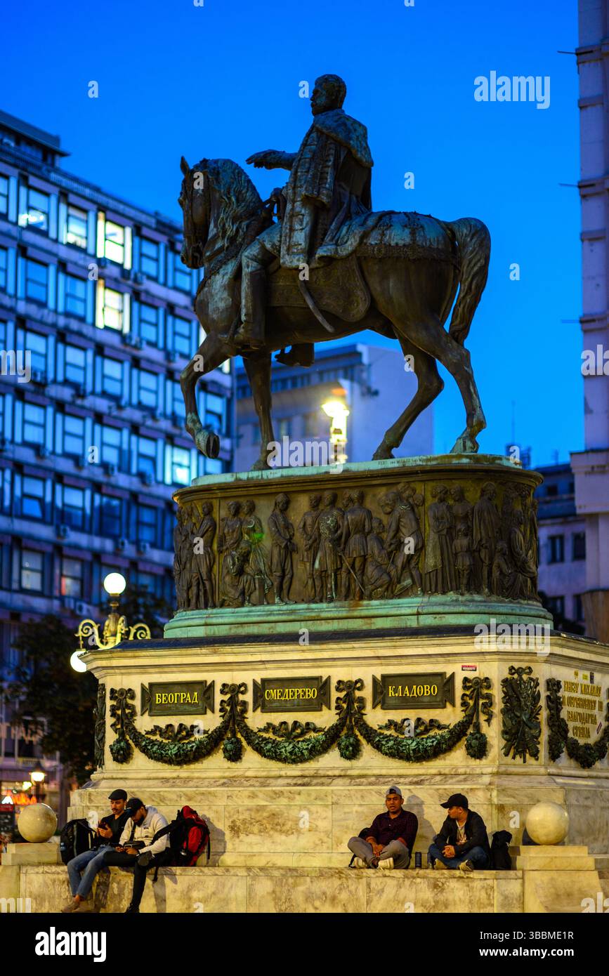 The statue of Prince Mihailo Obrenovic in the Republic Square in ...