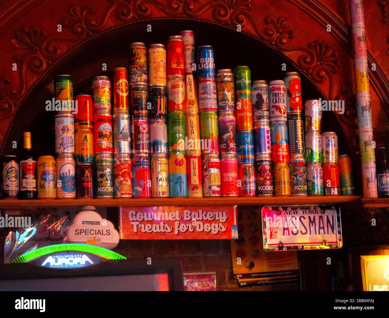 Colorful craft beer can display in a Brooklyn bar, New York Stock Photo ...