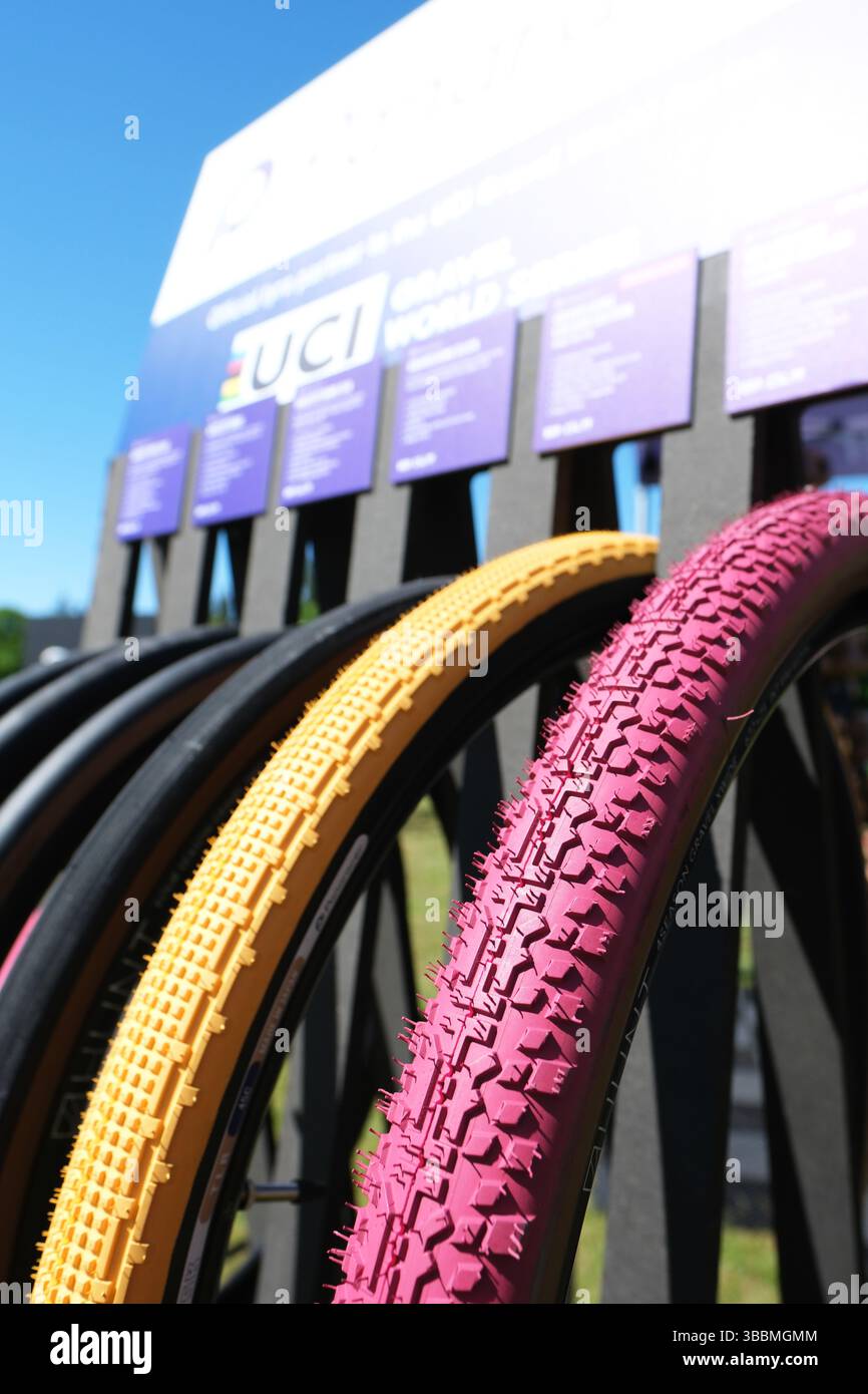 A selection of colourful gravel bike tyres with grip patterns on ...