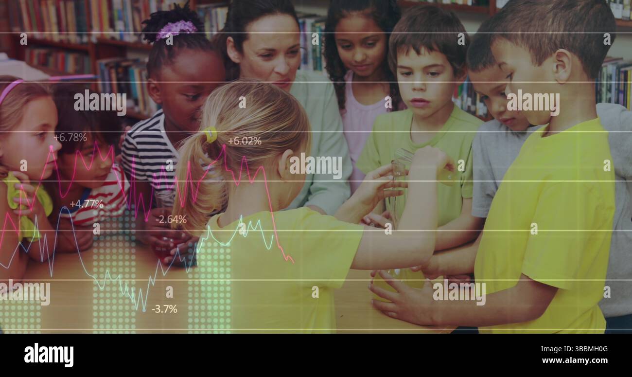 Observing adult guiding students examining transparent jar on table in ...