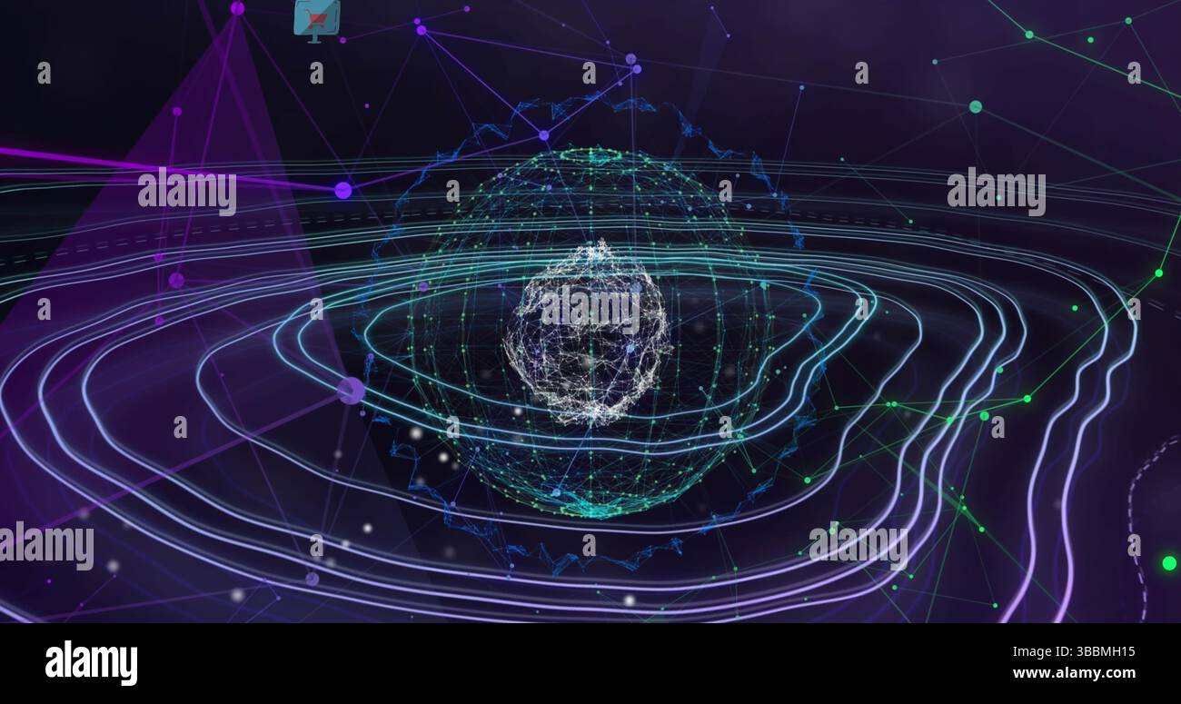 Displaying central 3D data sphere rotating in network map, with glowing rings and neon ...
