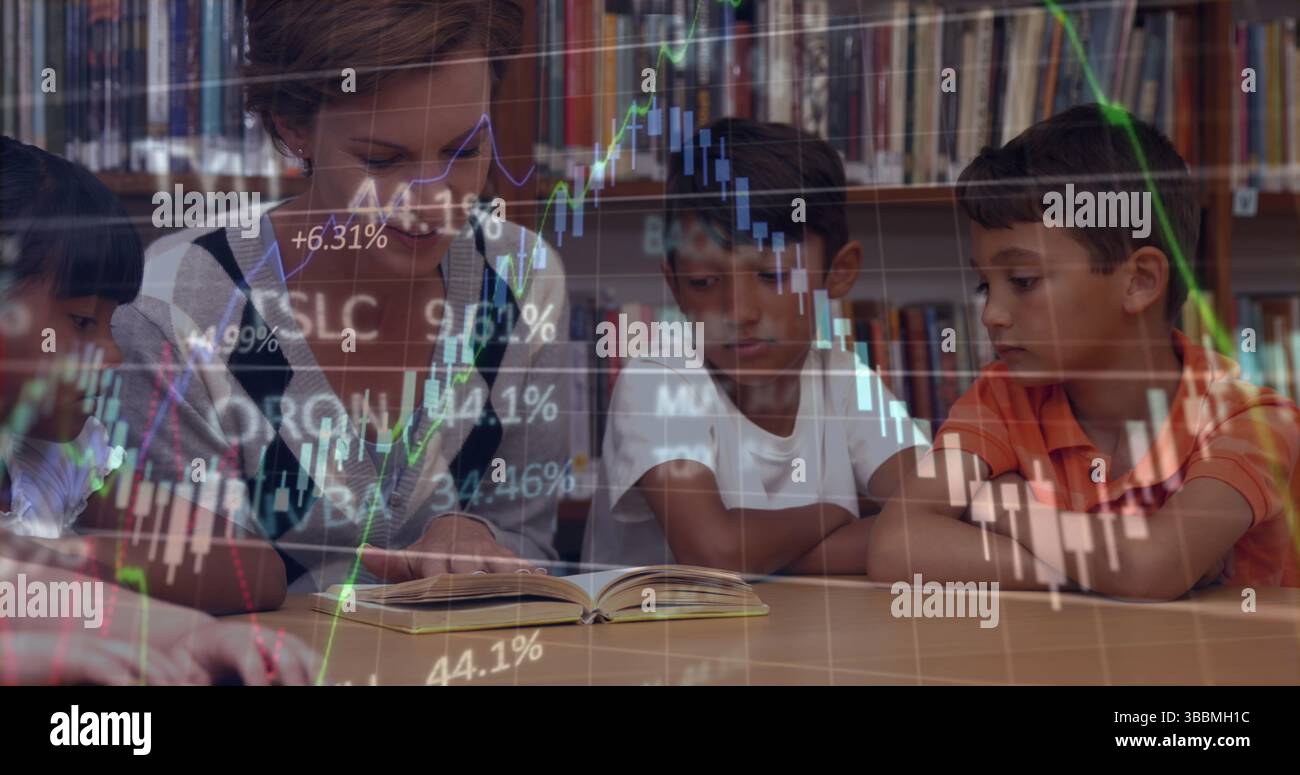 Reading teacher in patterned blouse and children turning pages at ...