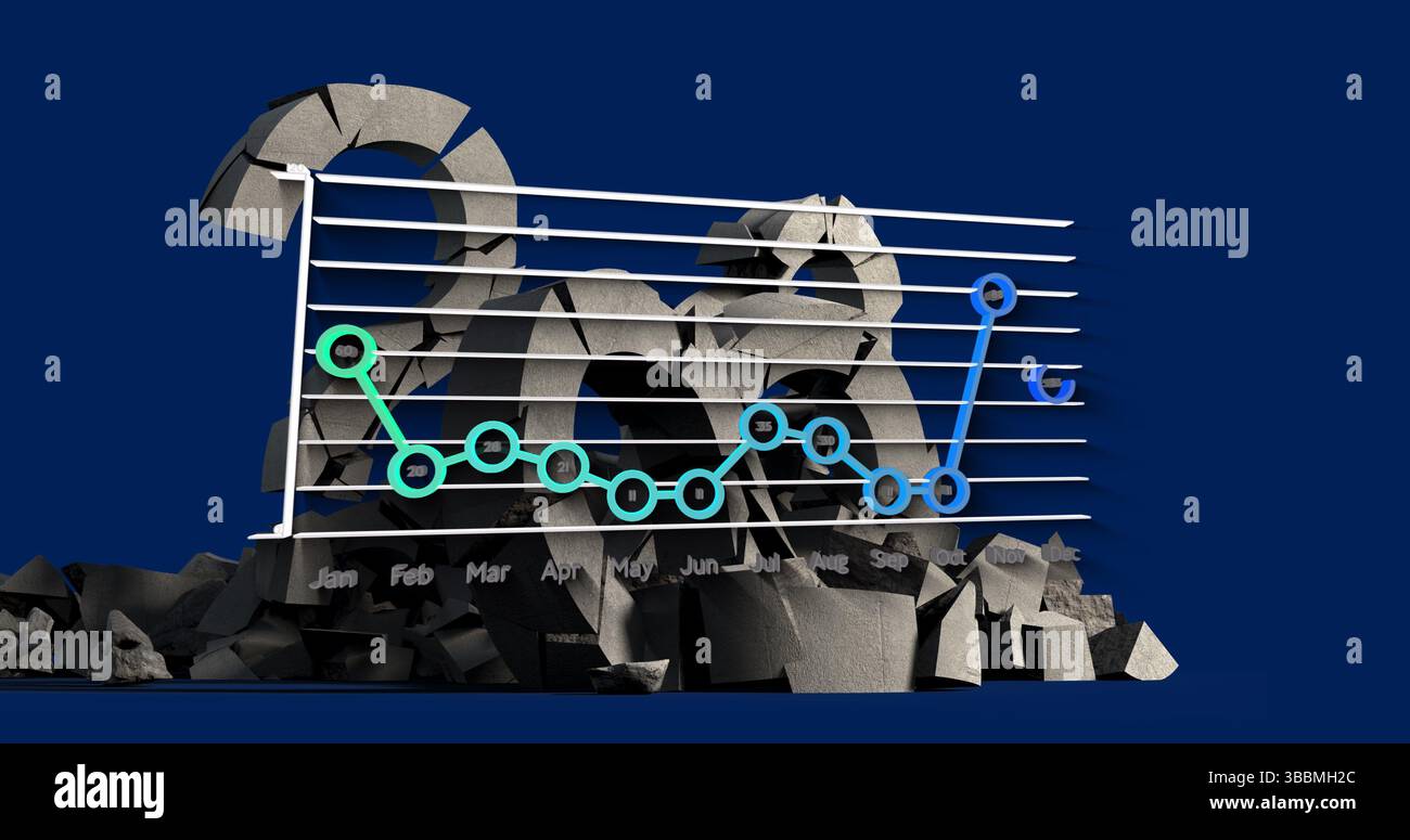 White grid and gradient line graph showing monthly data in 3D render ...