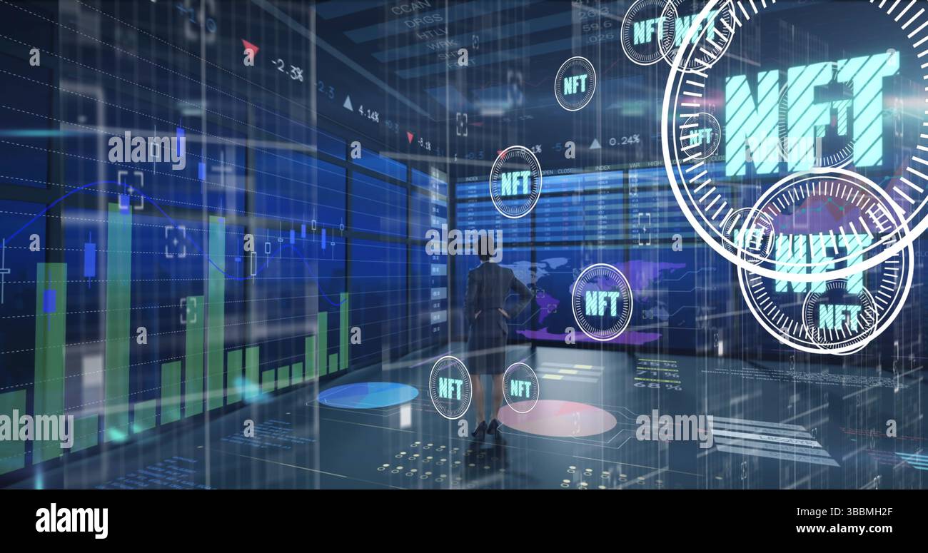 Walking businesswoman in suit toward main display in trading hub, with ...