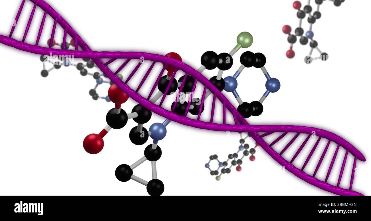Digital image of dna and molecular structures spinning against white ...