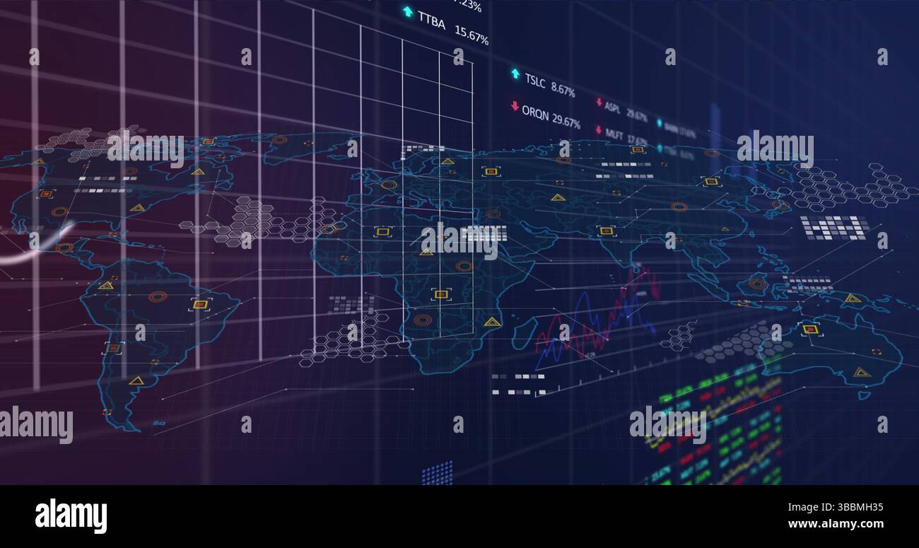 Displaying holographic world map with 3D grid, data overlays in control room, with floating ...
