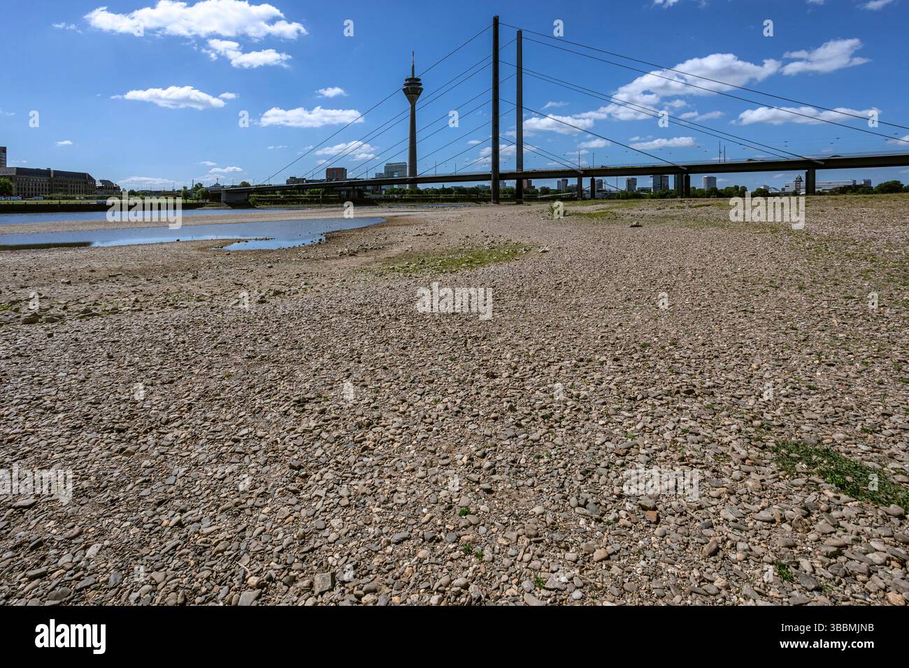 Rhine has low water, large areas of the river are dry, view of the ...