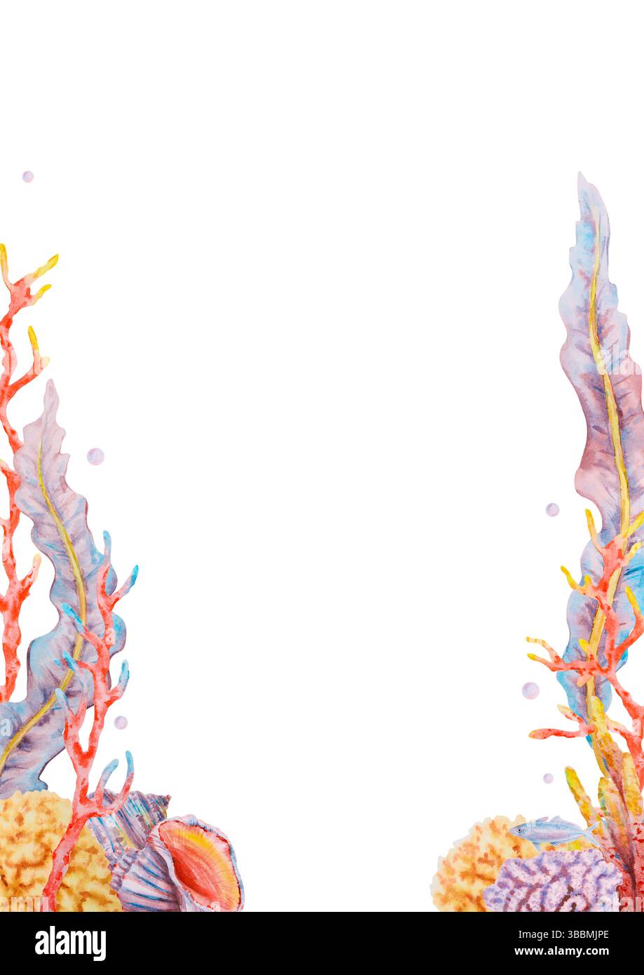 Vertical underwater frame with colorful corals, algae, fish, seashells ...