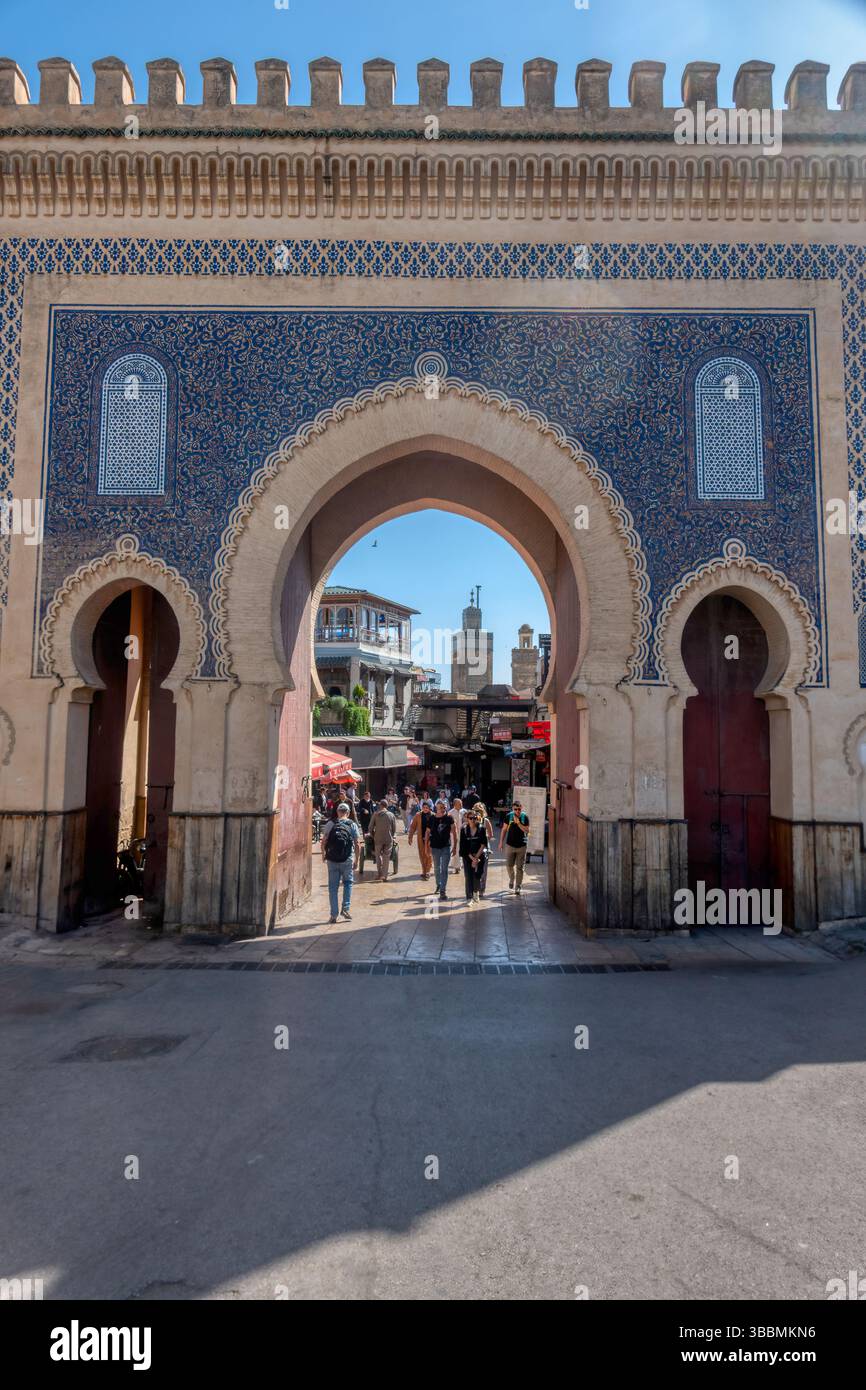 Fez, Morocco - May 3, 2025: The Blue Gate, or Bab Bou Jeloud, is a key ...
