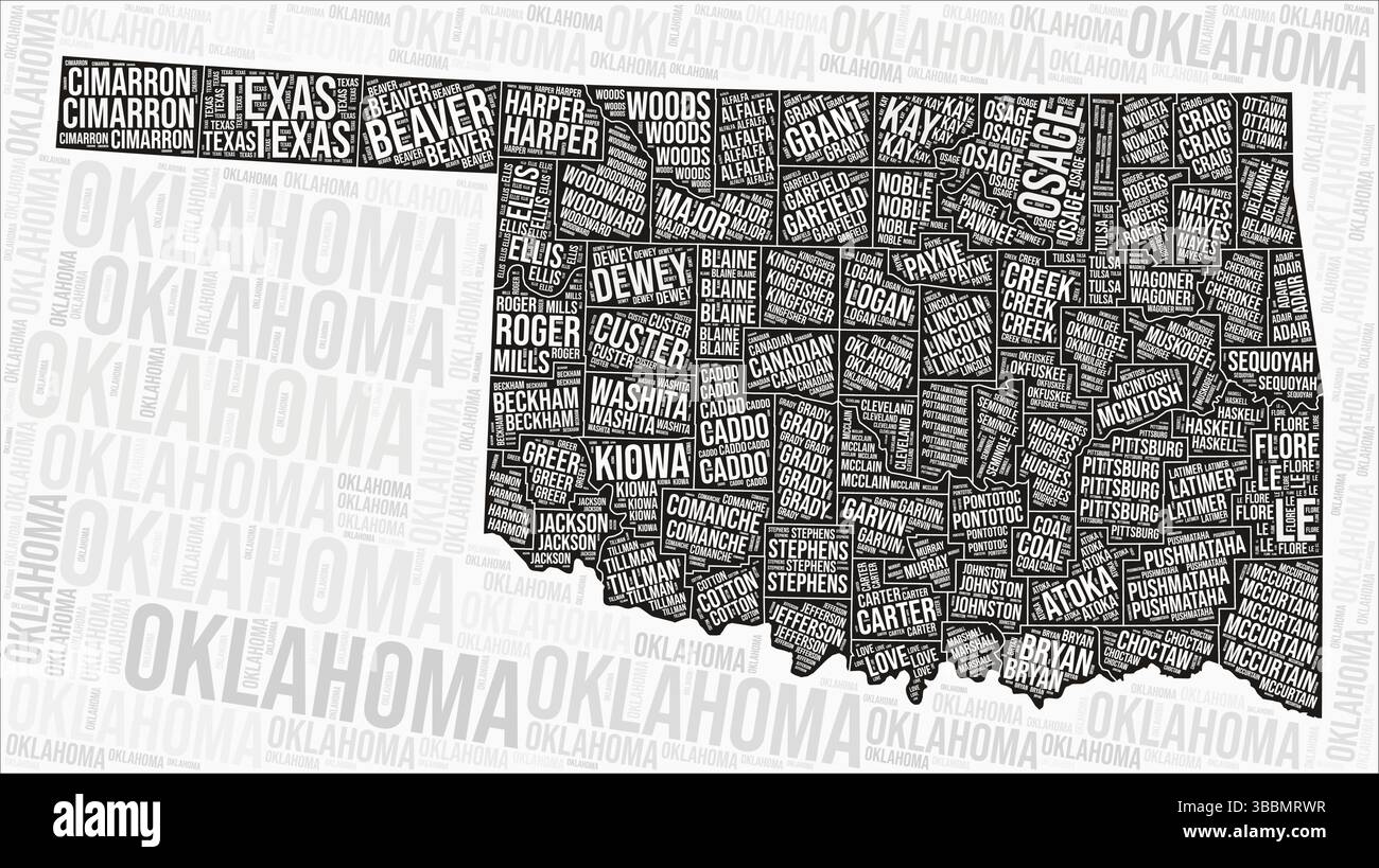 Oklahoma counties map word cloud. Oklahoma region names. Black and white map design. Creative ...