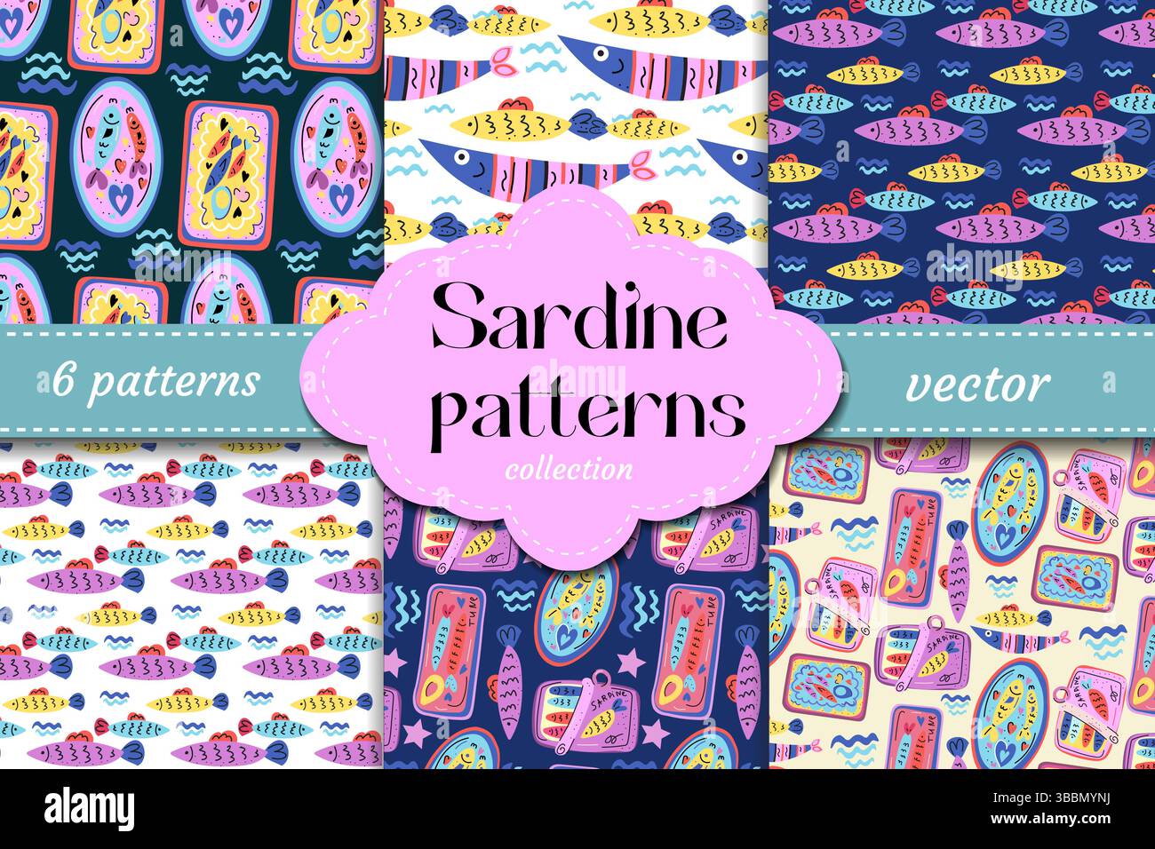 Fun sardine vector patterns in pop colors with fish, canned seafood and ...