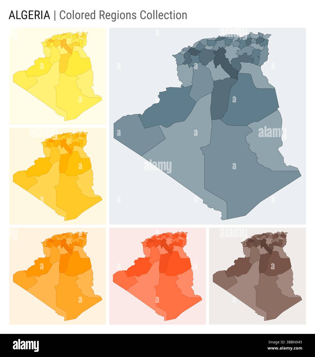 Algeria map collection. Country shape with colored regions. Blue Grey ...