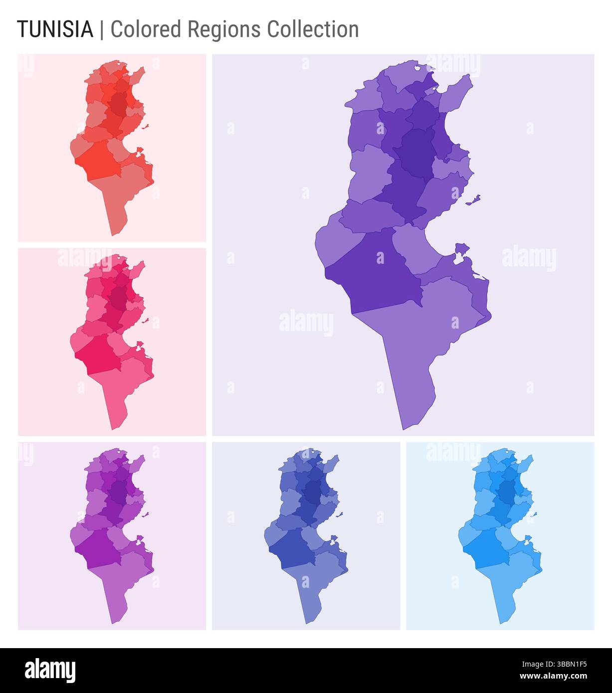 Tunisia map collection. Country shape with colored regions. Deep purple, red, pink, purple ...